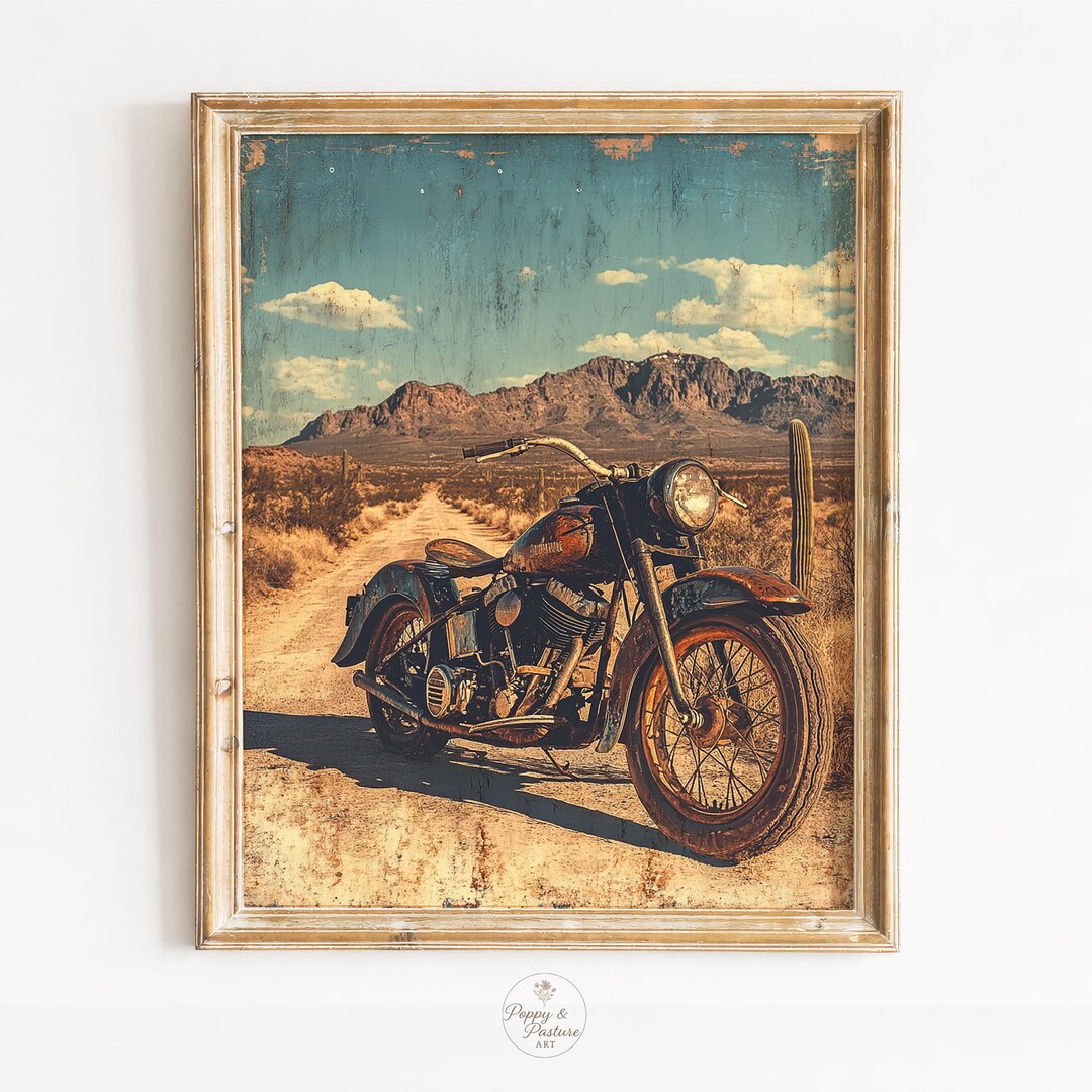 Vintage Desert Harley-davidson Print - Retro Motorcycle Art, Rustic ...