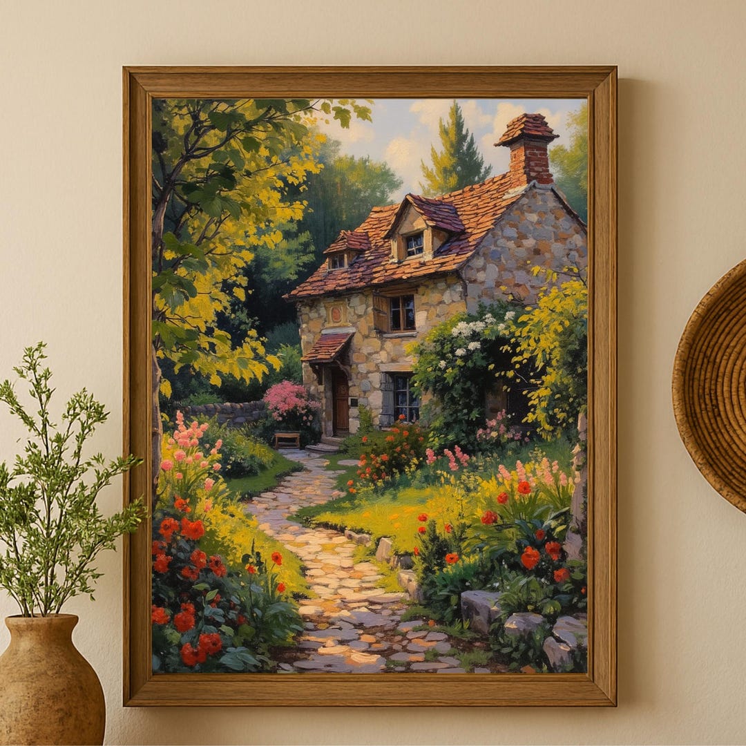 Printable Rustic Stone Cottage Landscape Painting - Vintage Cottagecore ...