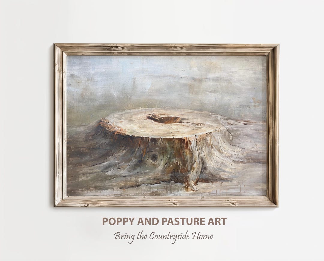 Rustic Tree Stump Painting - Vintage Cottagecore Decor, Forest Growth ...