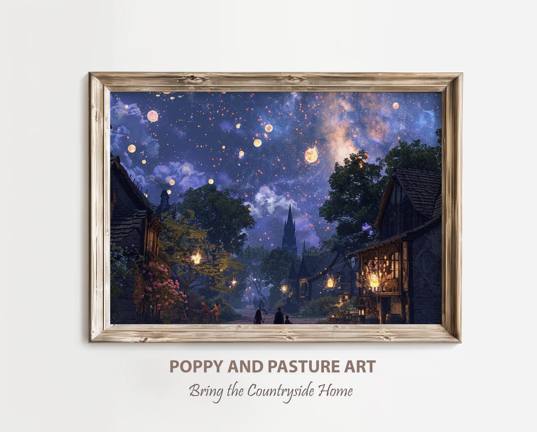 Printable Fantasy Night Market Scene - Enchanting Village Square Art ...
