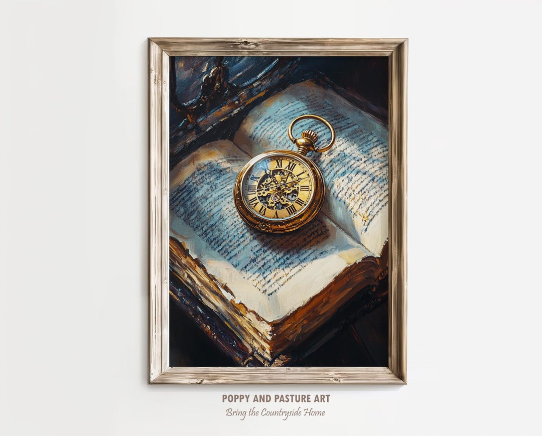 Vintage Pocket Watch Oil Painting on Book: Cottagecore Printable Art ...