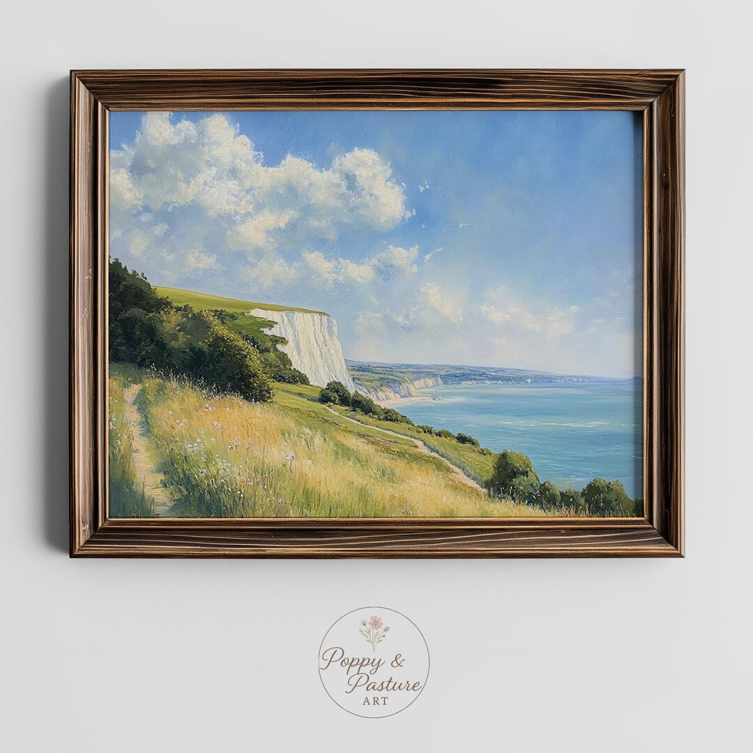 Sunlit Coastal Cliff Painting, Serene White Chalk Seaside Landscape ...