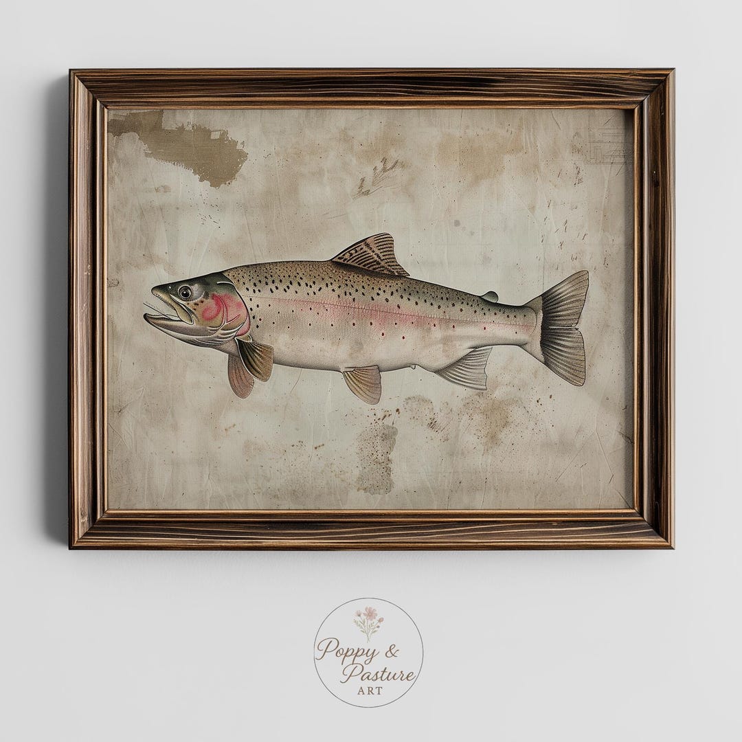 Vintage Charcoal Trout Fish Print, Rustic Cabin Decor, Natural History ...