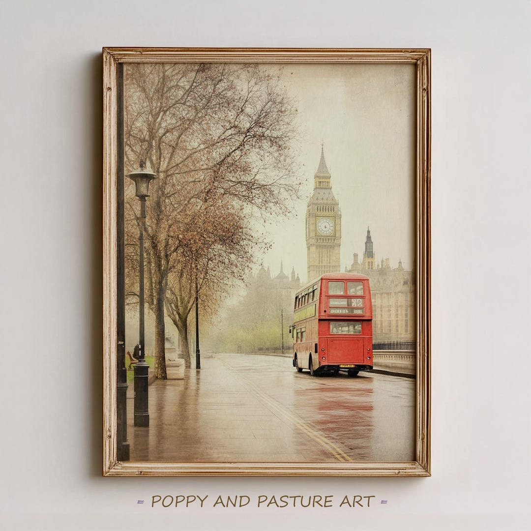 Vintage London Bus Printable Art - Moody Travel Scene, Rainy Big Ben ...
