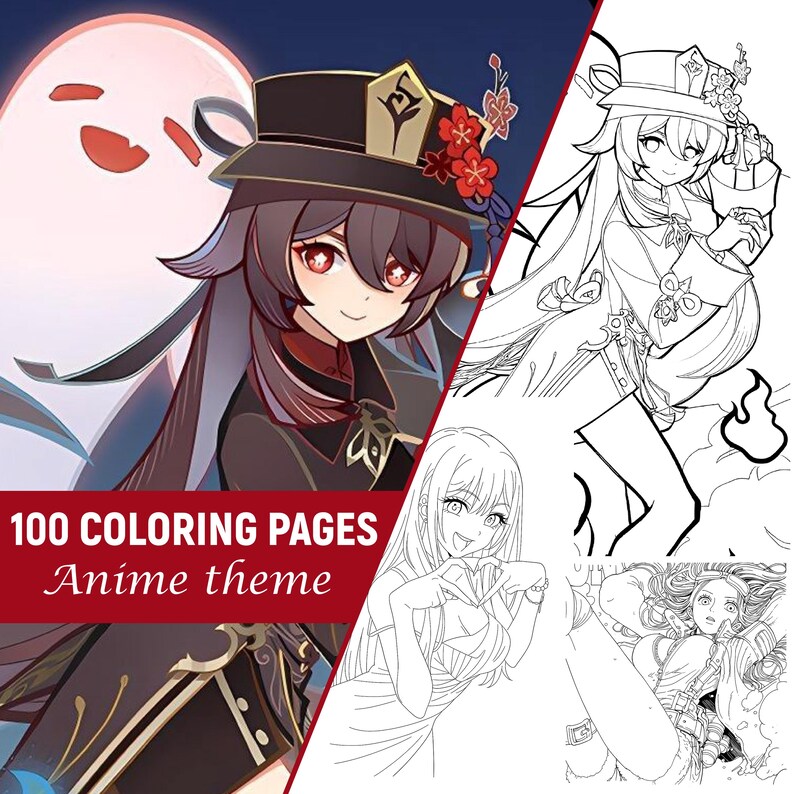 Anime Coloring Pages 100 Pieces for Adults and Kids, Printable PNG ...