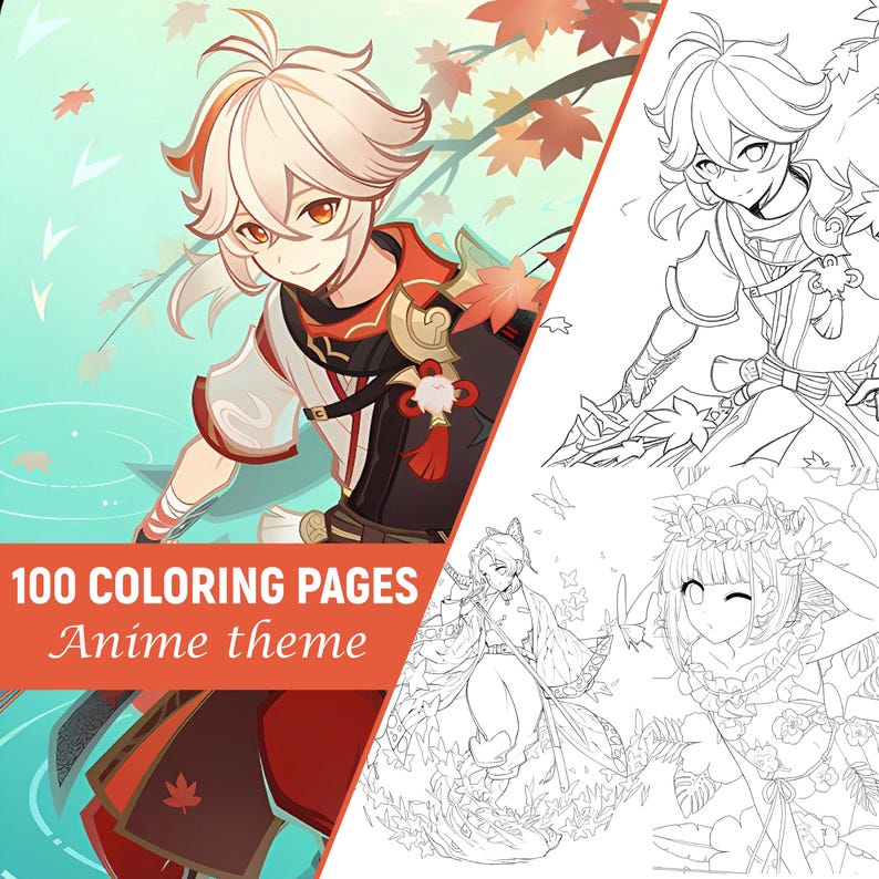 Anime Coloring Pages 100 Pieces for Adults and Kids, Printable PNG ...