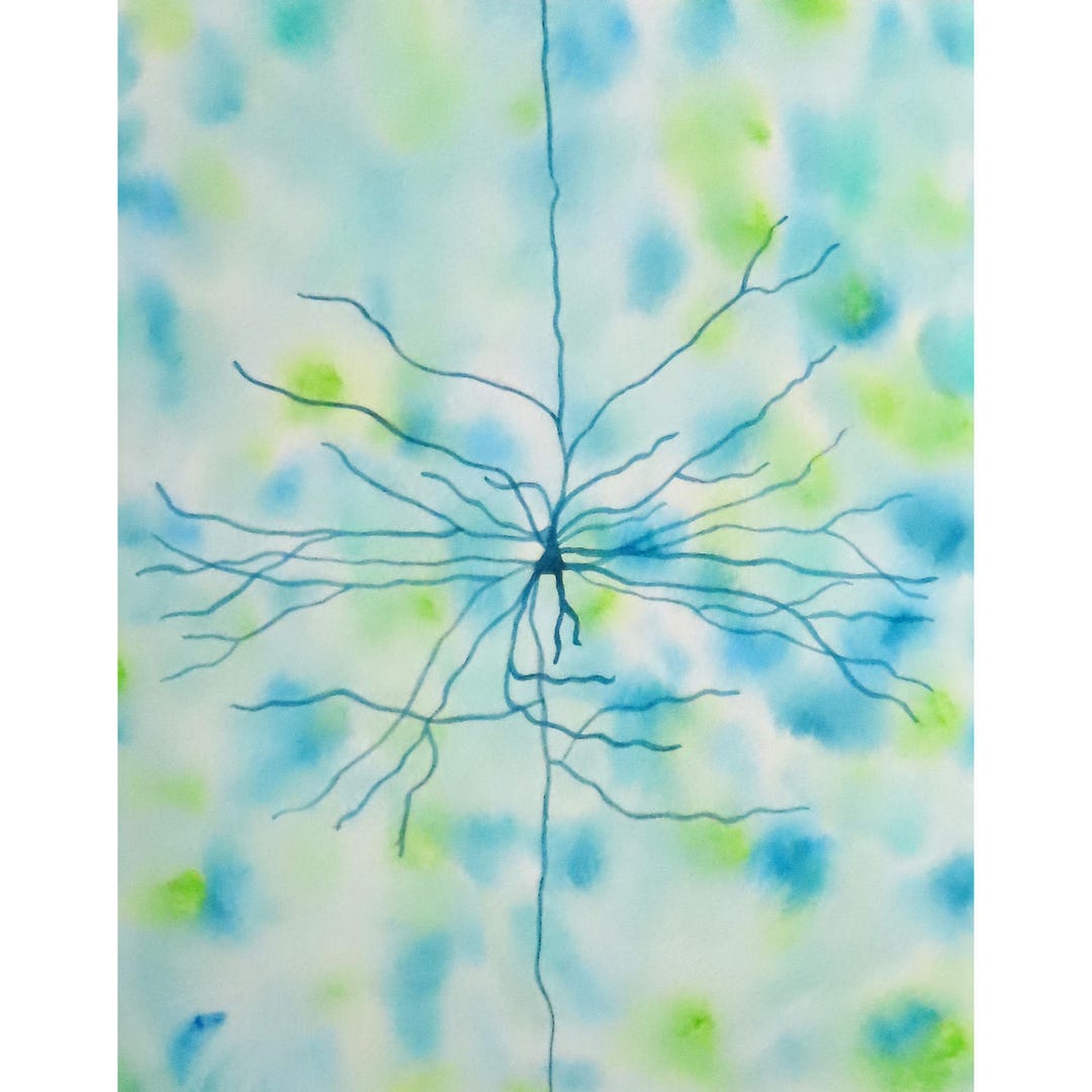 Green and Blue Neuron After Cajal- Original Watercolor Painting of ...