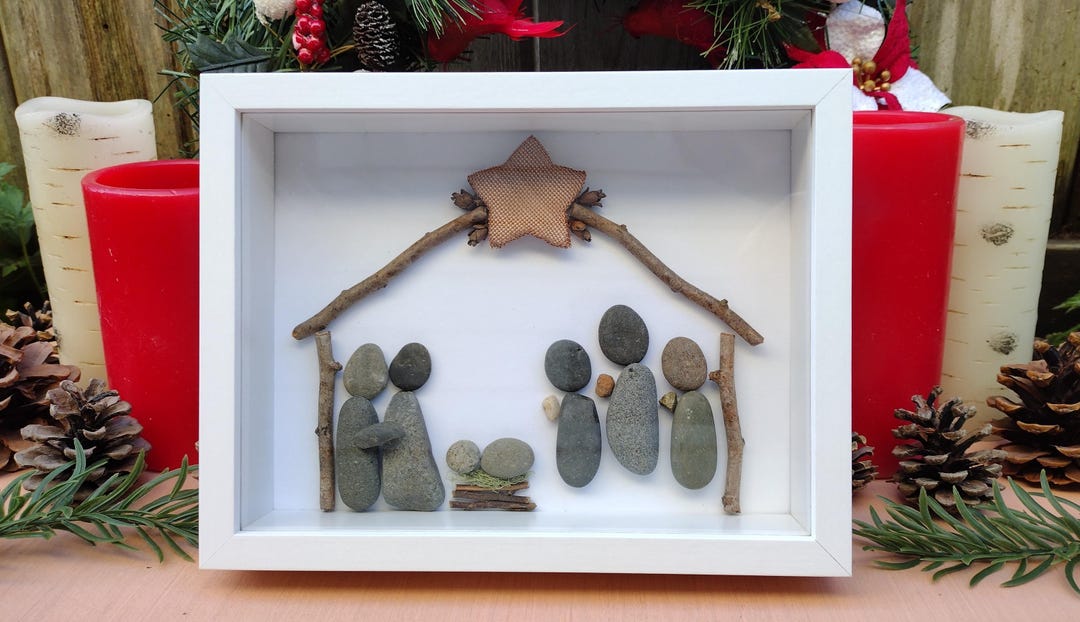 Pebble Art Nativity Scene – Handmade Christmas Shadow Box With Copper ...