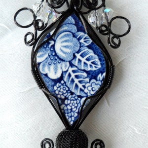 Black Wire Wrapped Blue China Shard Pendant With Crystal Beads - Etsy