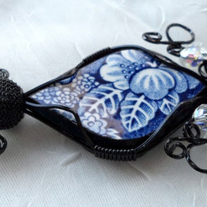 Black Wire Wrapped Blue China Shard Pendant With Crystal Beads - Etsy