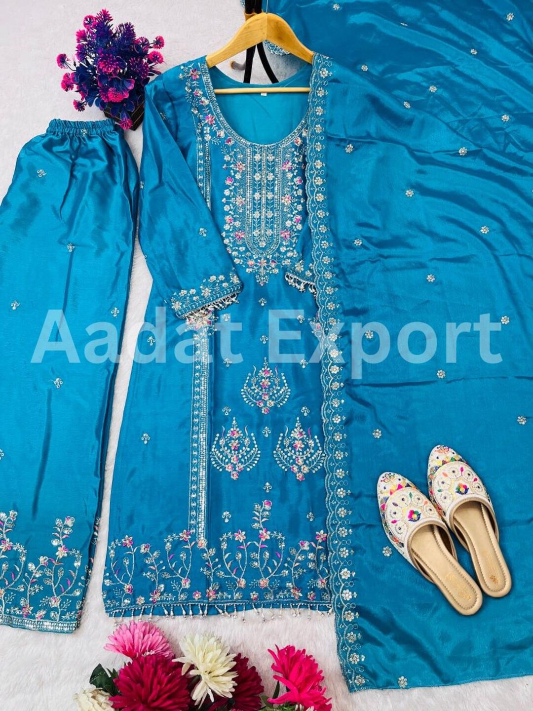 Pakistani Designer New Chinon Fabric With Sequence Work Top With Plazzo ...