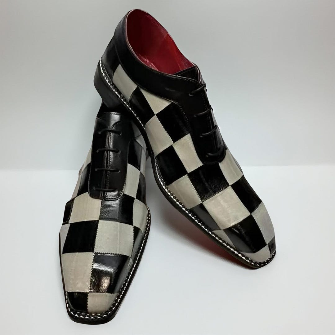 Handmade Men Black and White Check Square Design Shoes, Formal Office ...