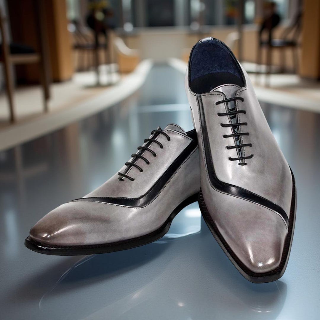 Men's Handmade Light Grey/black Calf-skin Leather Oxfords Shoes - Etsy