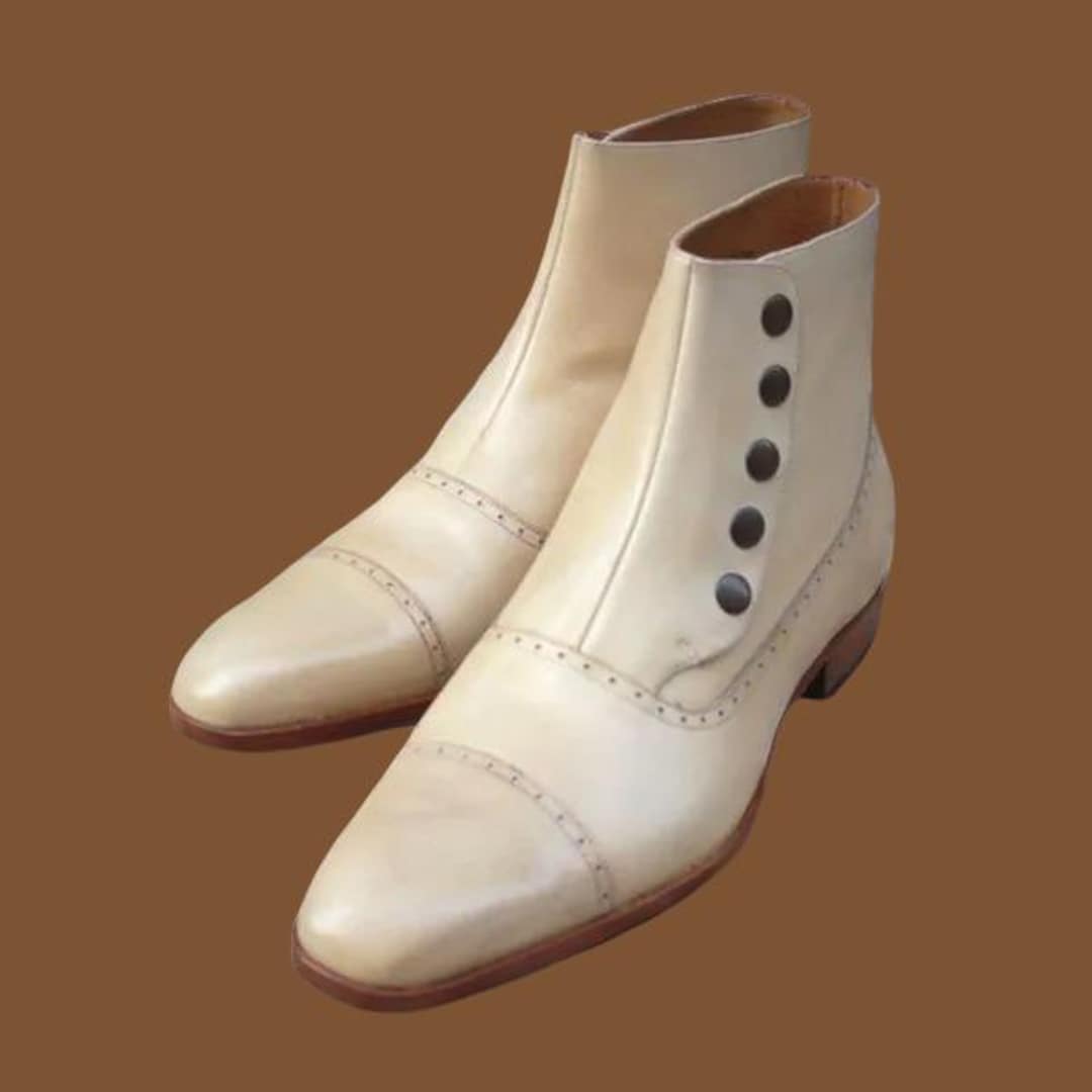 New Handmade Pure off White Leather Button Boots for Men - Etsy