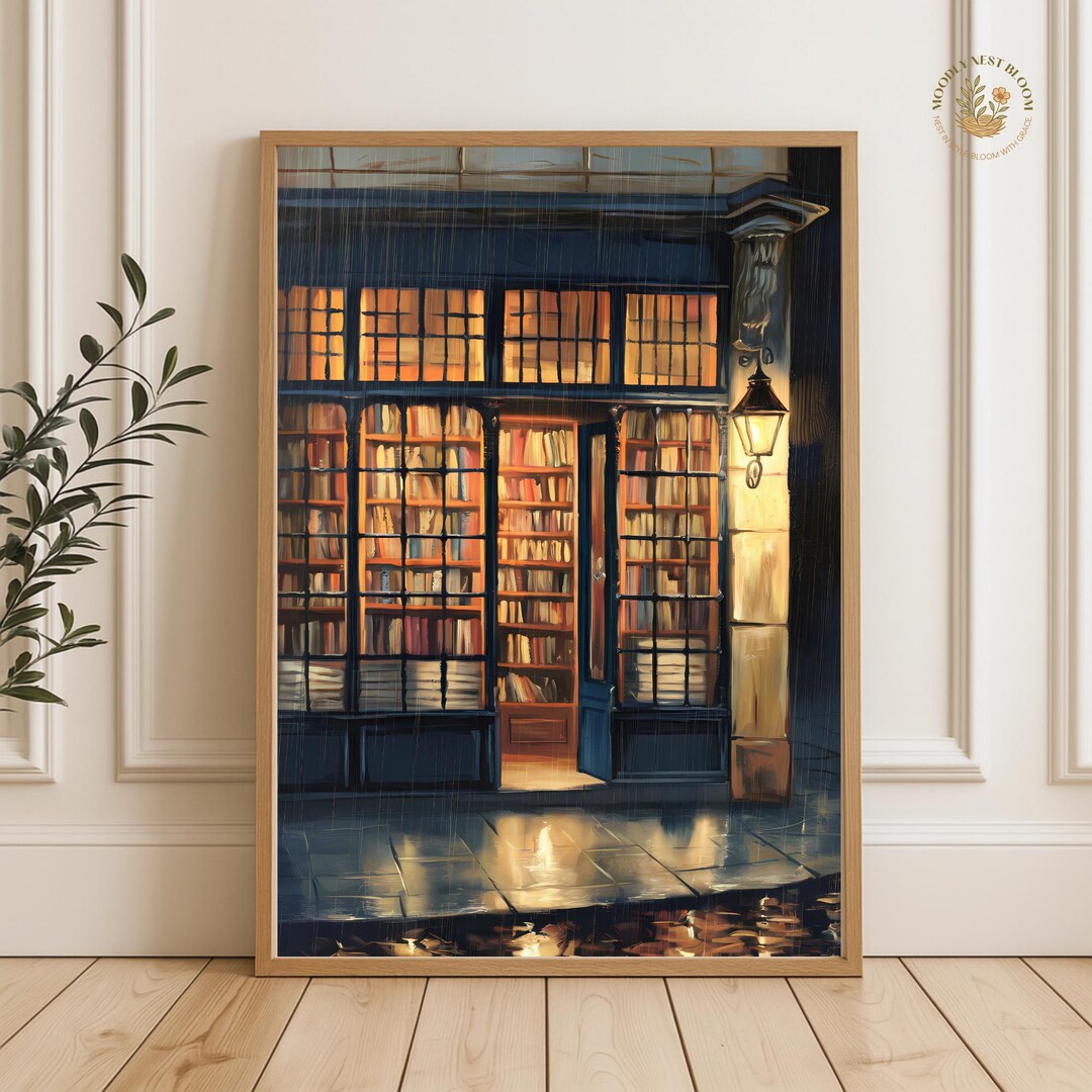 Vintage Bookstore Print: Rainy Night Bookshop, Literary Wall Art - Etsy