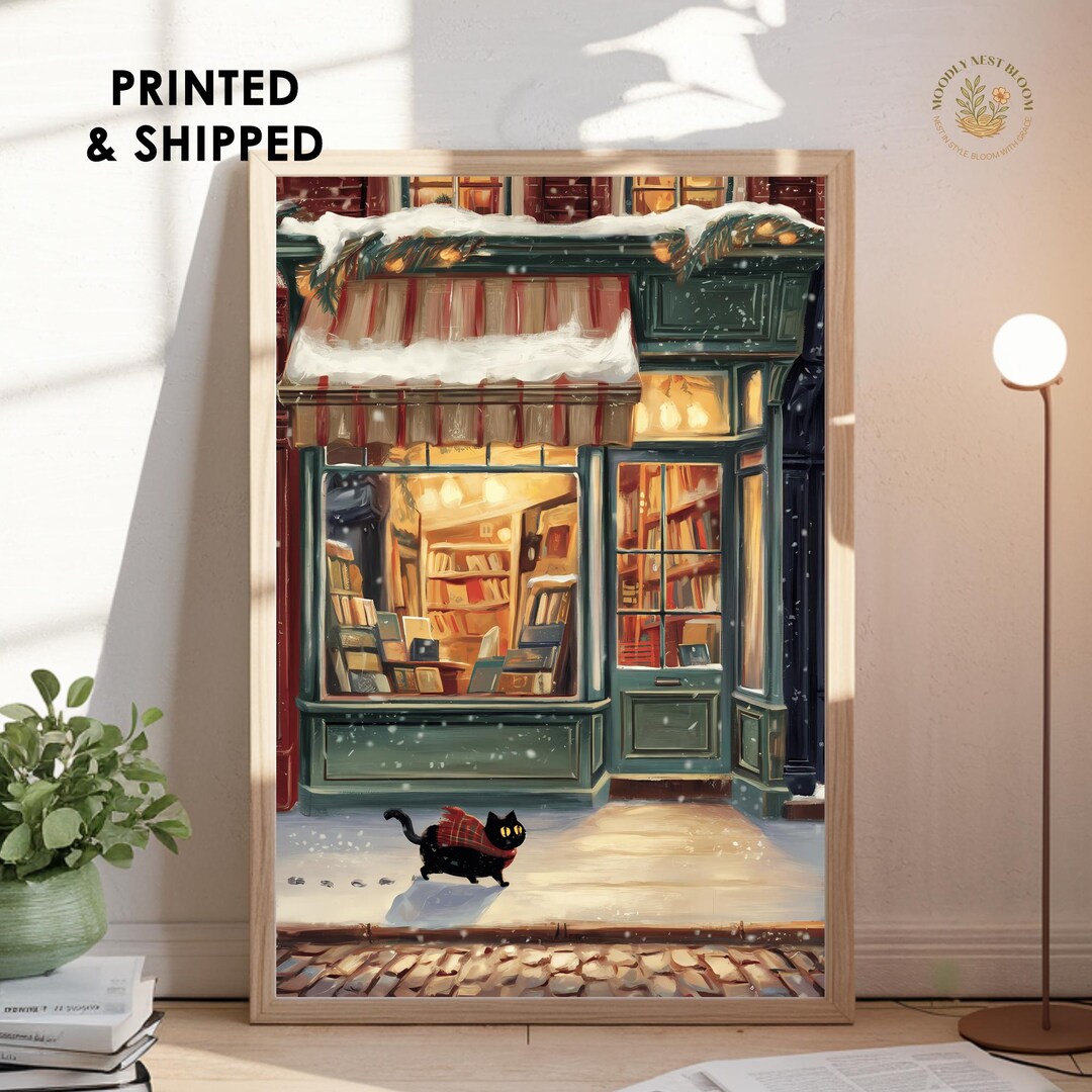 Black Cat Winter Bookshop Wall Art, Cozy Bookstore Wall Decor, Vintage ...