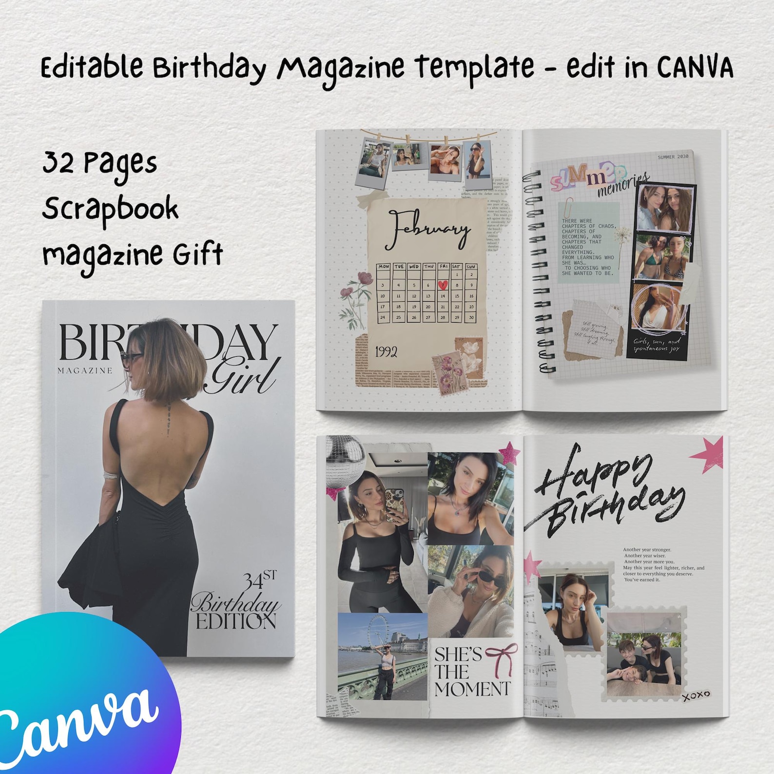 Editable Birthday Magazine Template – 32 Pages Canva Scrapbook Gift - Etsy