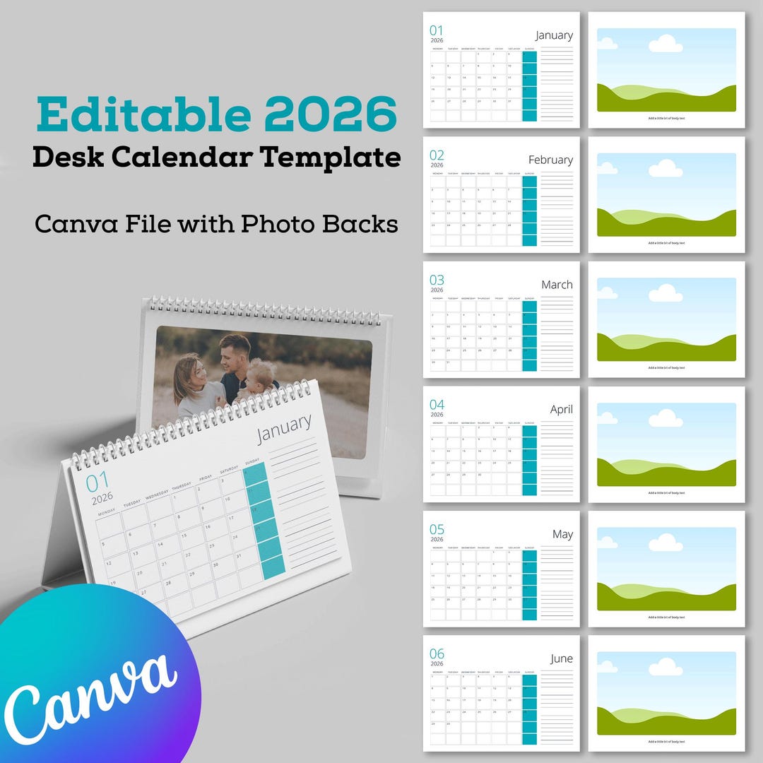 Editable 2026 Desk Calendar Template – Canva File With Photo Backs ...