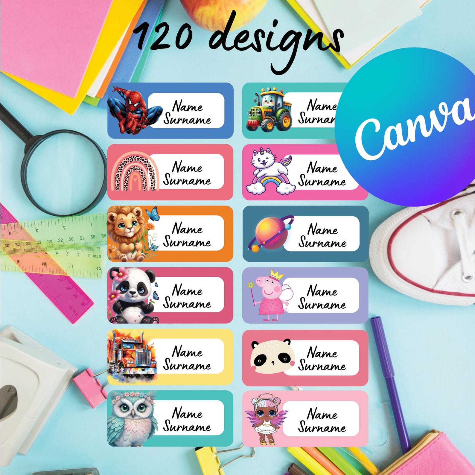 Editable Kids Name Tags – 120 Designs | Canva Template | Printable Name ...