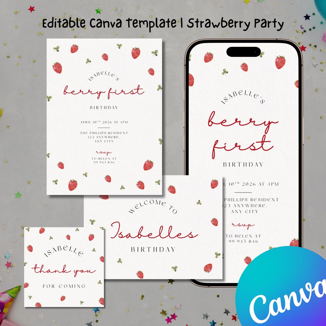 Editable Canva Template | Strawberry Party | Digital Invite + Video ...
