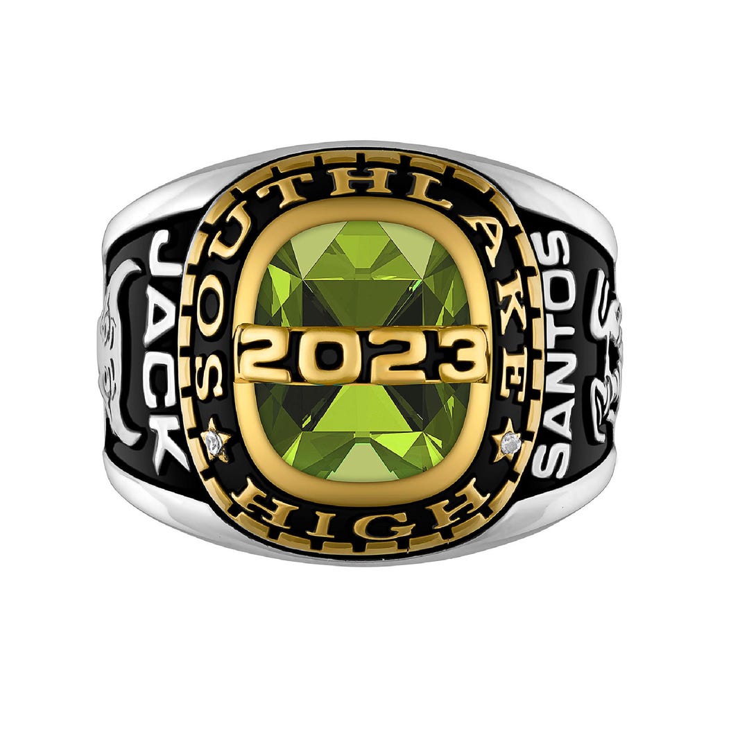 Two Tone High School Class Ring - Personalized Cushion Gemstone ...