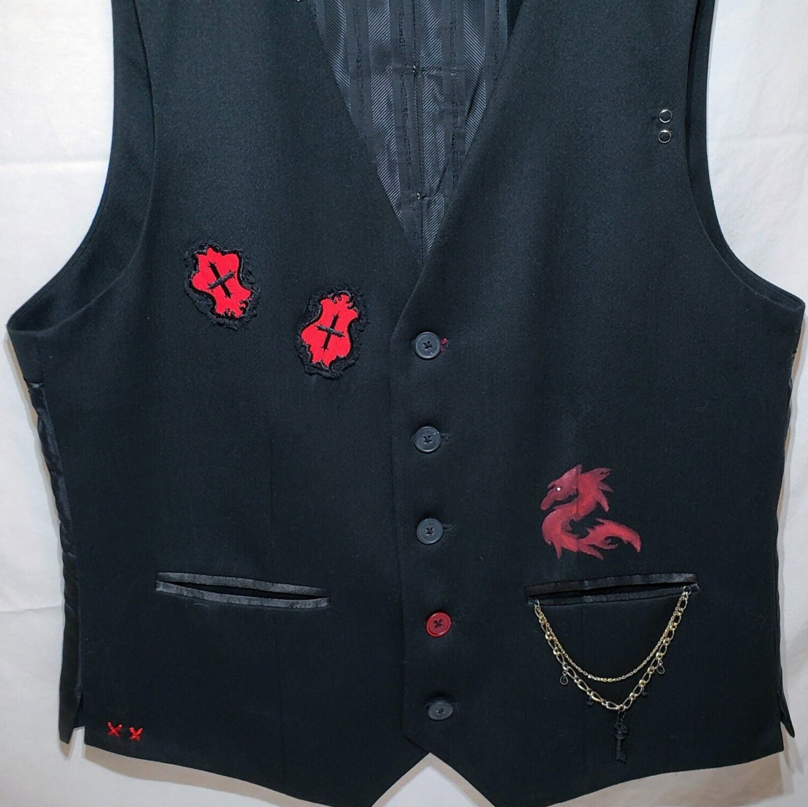 Men's Black Bespoke Dragon Vest W/ Patches, Chains & Red Celtic Knot Sz ...