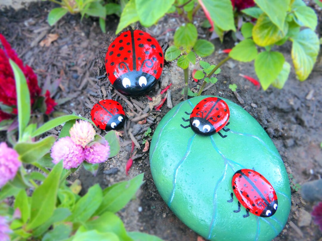 Handpainted 7 X 5 Rock LADYBUGS on a Rock Leaf Pop Art - Etsy