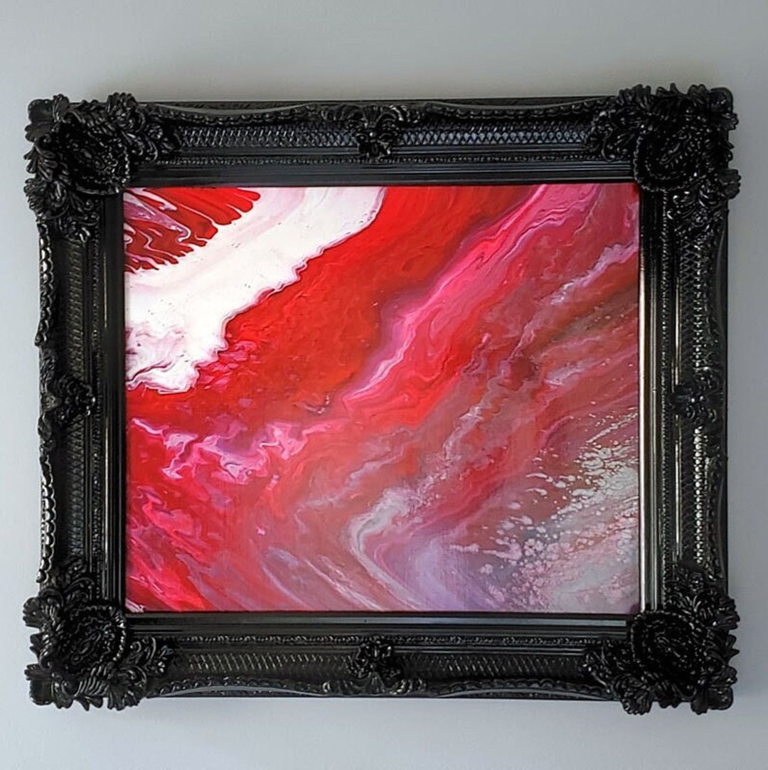 Original Red, White & Silver Fluid Acrylic Pour Painting on Canvas 20 X ...