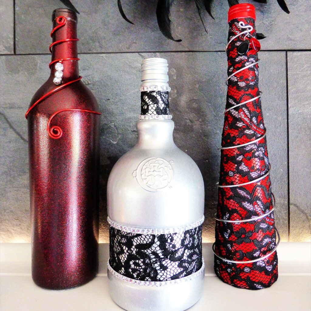 Red, Silver, Black Wire Wrapped Wine & Liquor Bottles W/ Black Lace ...