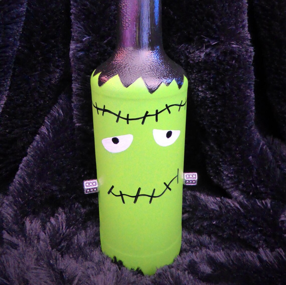 Upcycled Green Halloween FRANKENSTEIN Monster Wine Bottle Decor W/ Neck ...