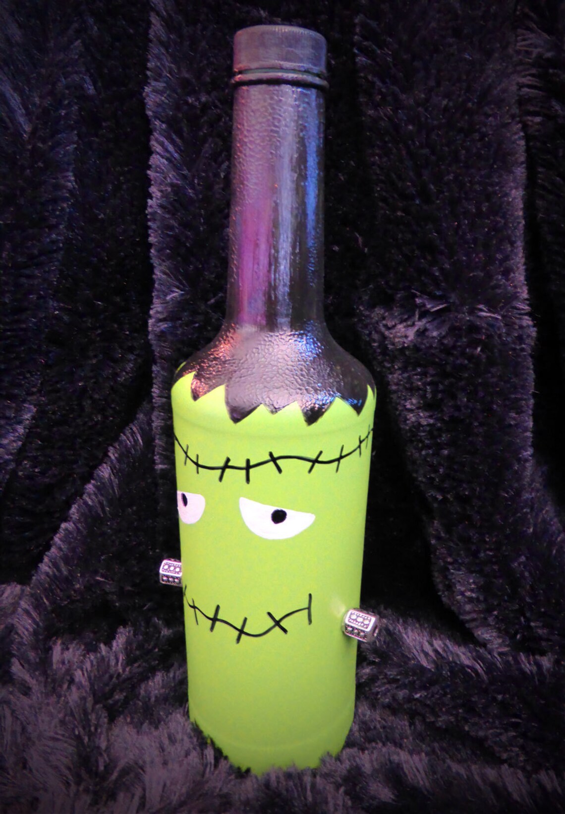 Upcycled Green Halloween FRANKENSTEIN Monster Wine Bottle Decor W/ Neck ...