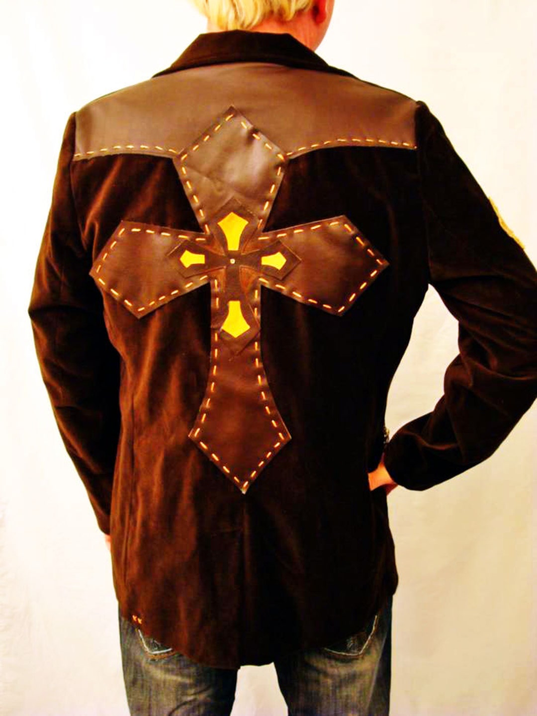 Men's Brown Velvet Blazer With Leather Cross, Patches & Chain - Etsy