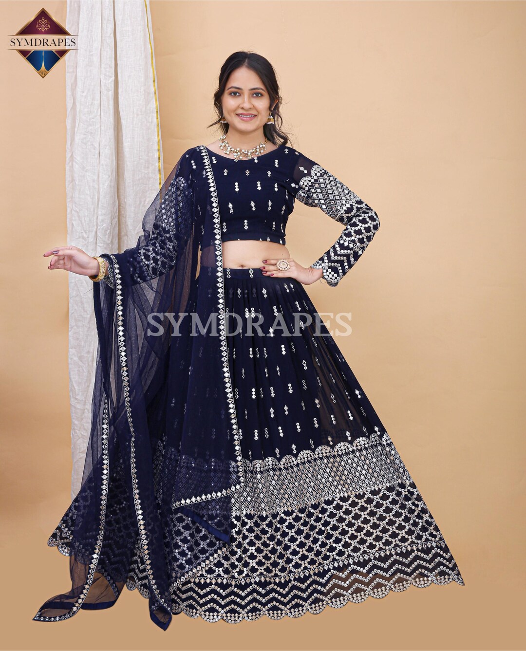 Navy Blue Full Sleeve Lehenga Choli With Soft Net Dupatta, Heavy ...