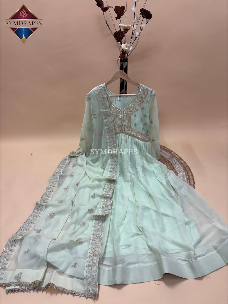 Pista Georgette Anarkali Gown – Embroidered Indian Wedding Dress With ...