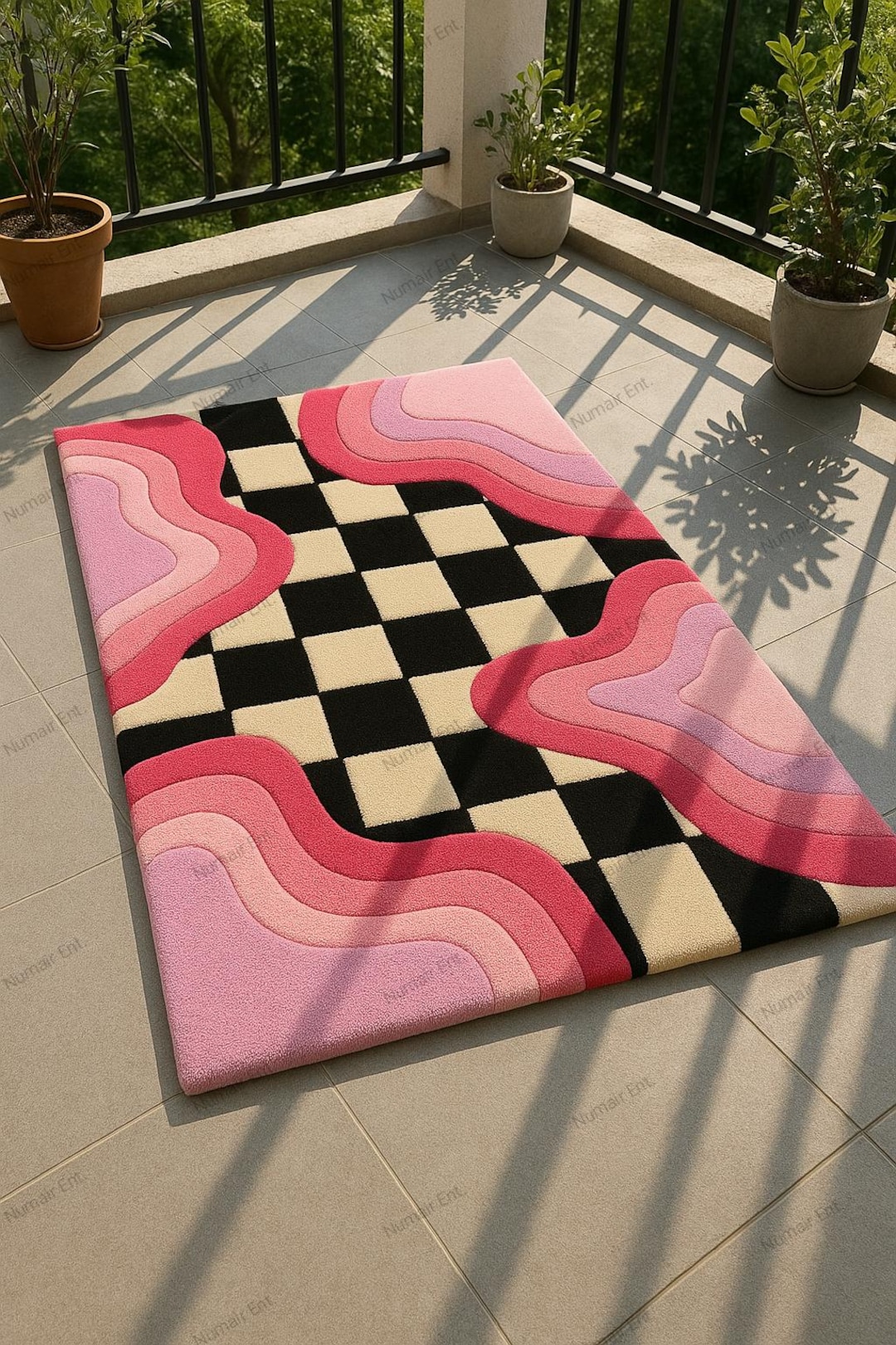 Retro Wavy Checkerboard Rug –funky Retro Tufted Floor Mat, Pink & Black ...