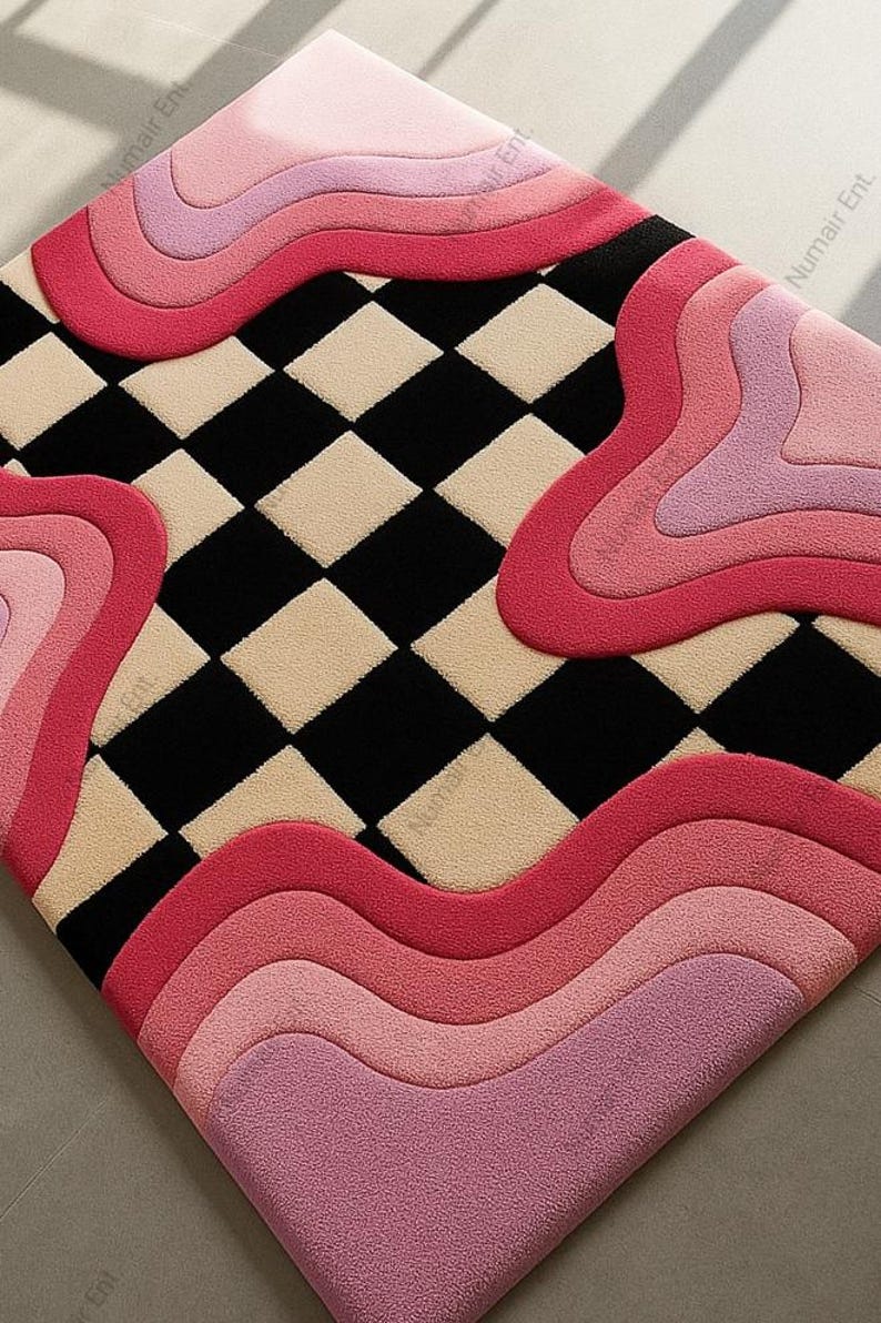 Retro Wavy Checkerboard Rug –funky Retro Tufted Floor Mat, Pink & Black ...