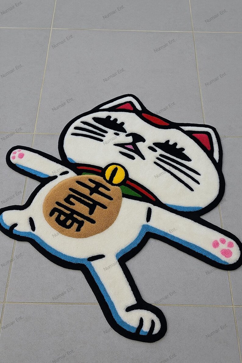 Cute Lucky Cat Tufted Rug – Kawaii Cartoon Kitty Floor Mat, Soft Plush ...