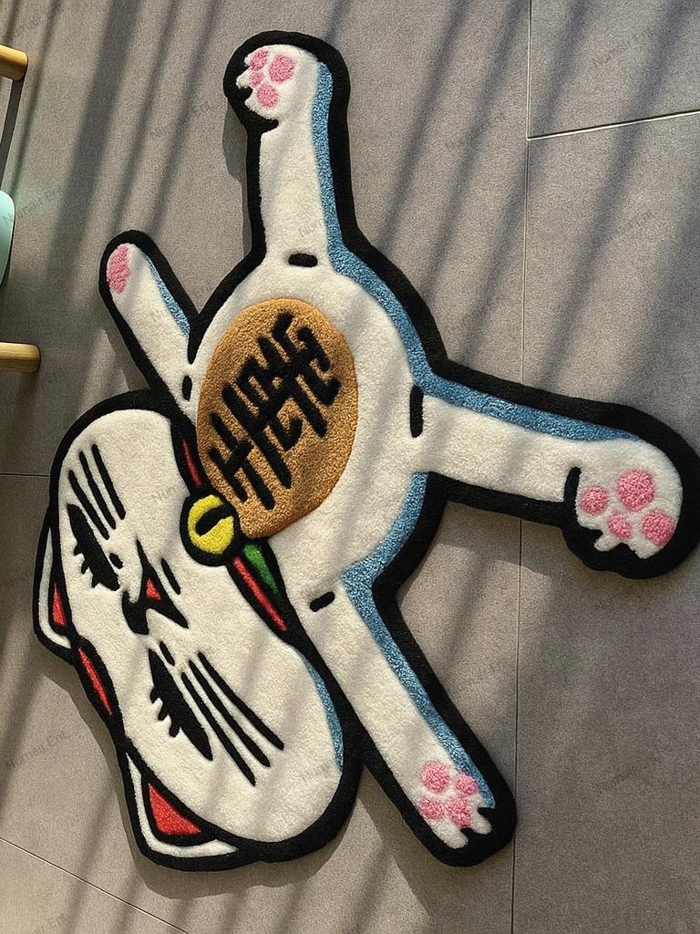 Cute Lucky Cat Tufted Rug – Kawaii Cartoon Kitty Floor Mat, Soft Plush ...