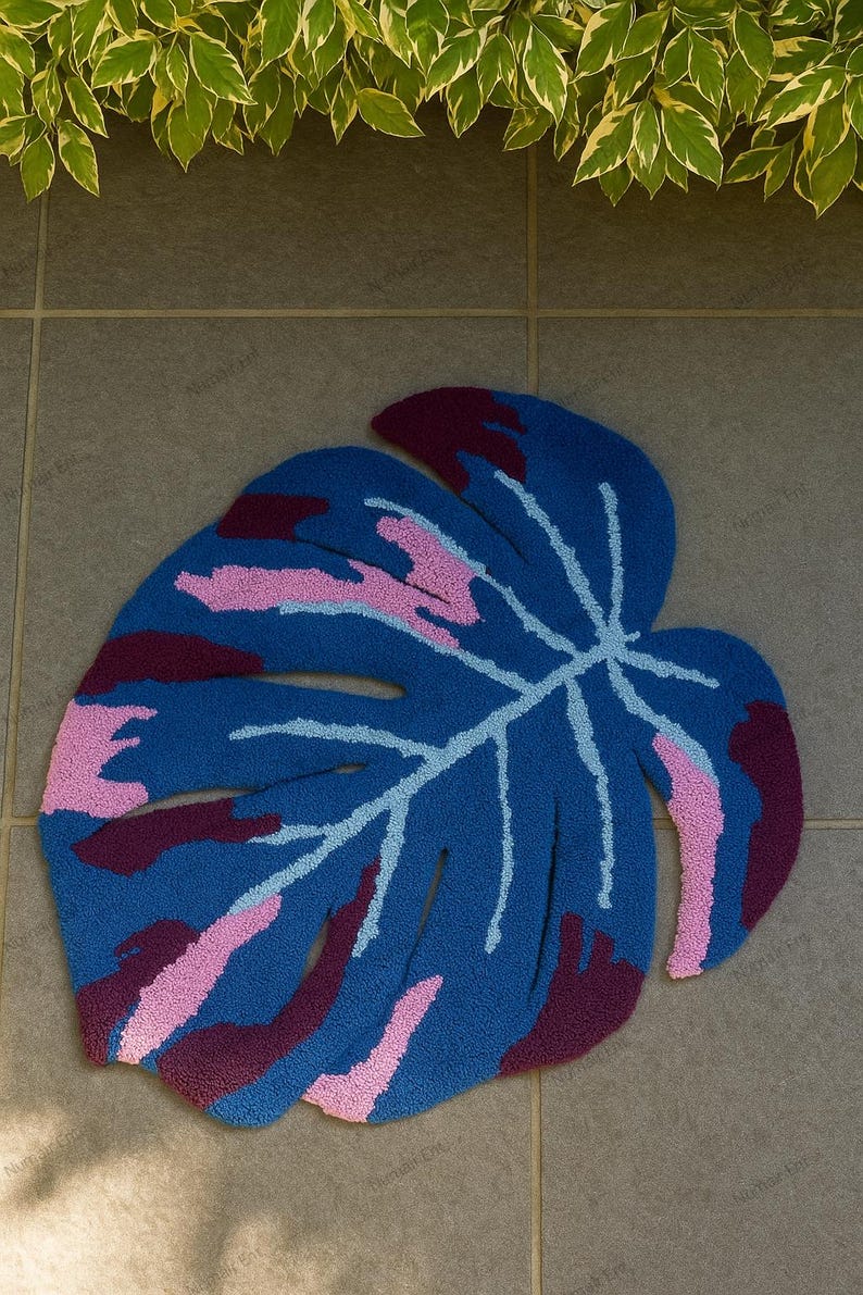 Handmade Tropical Leaf Tufted Rug – Monstera Shaped Floor Mat in ...