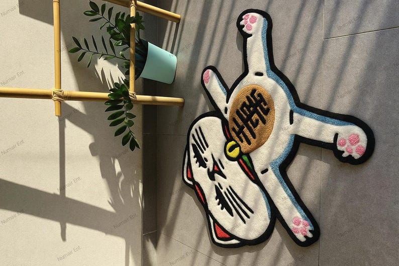 Cute Lucky Cat Tufted Rug – Kawaii Cartoon Kitty Floor Mat, Soft Plush ...