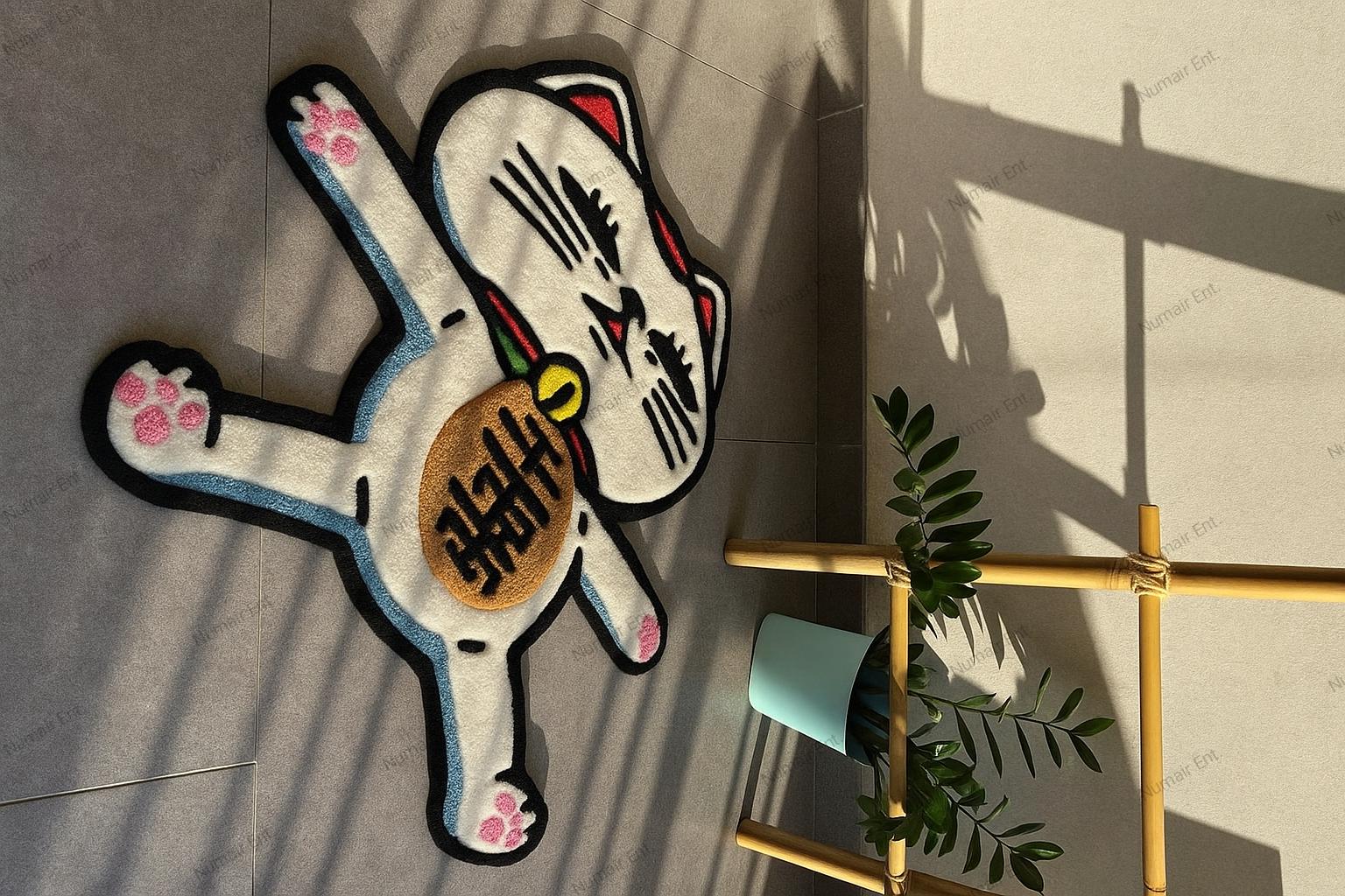 Cute Lucky Cat Tufted Rug – Kawaii Cartoon Kitty Floor Mat, Soft Plush ...