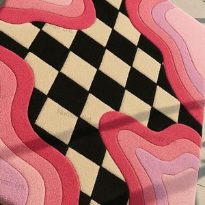 Retro Wavy Checkerboard Rug –funky Retro Tufted Floor Mat, Pink & Black ...