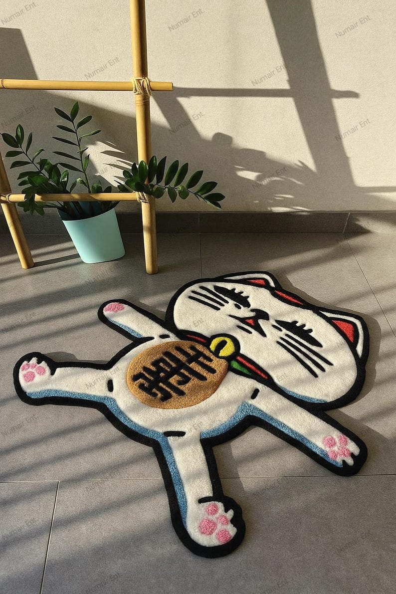 Cute Lucky Cat Tufted Rug – Kawaii Cartoon Kitty Floor Mat, Soft Plush ...