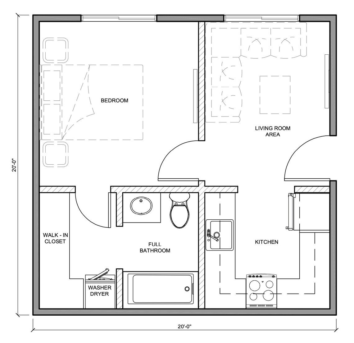 400 Sqft ADU Layout | Model-01 | Efficient 1 Bed 1 Bath | Compact Home ...