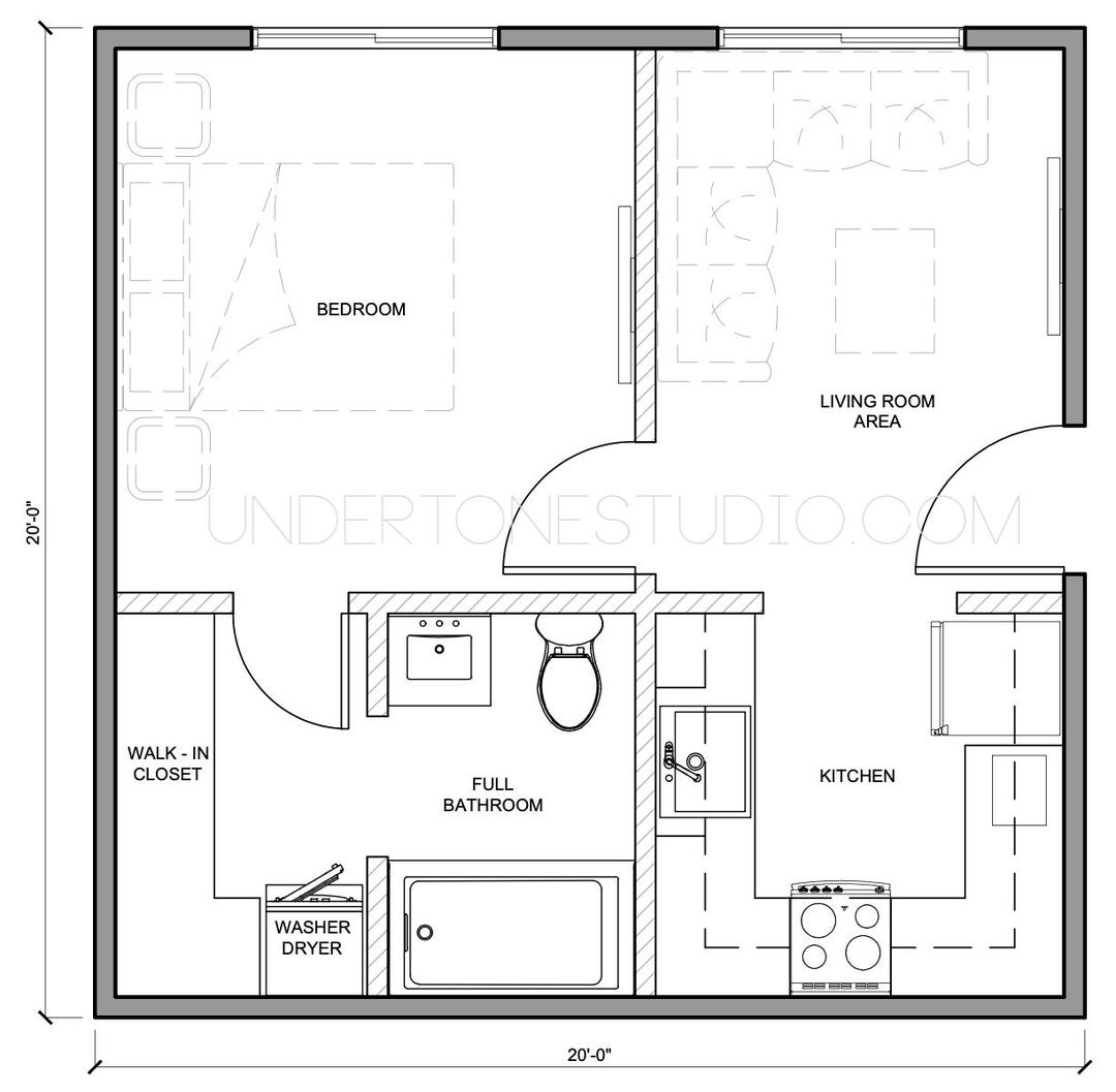 400 Sqft ADU Layout Model-01: 1 Bed 1 Bath Compact Home (PDF Download ...