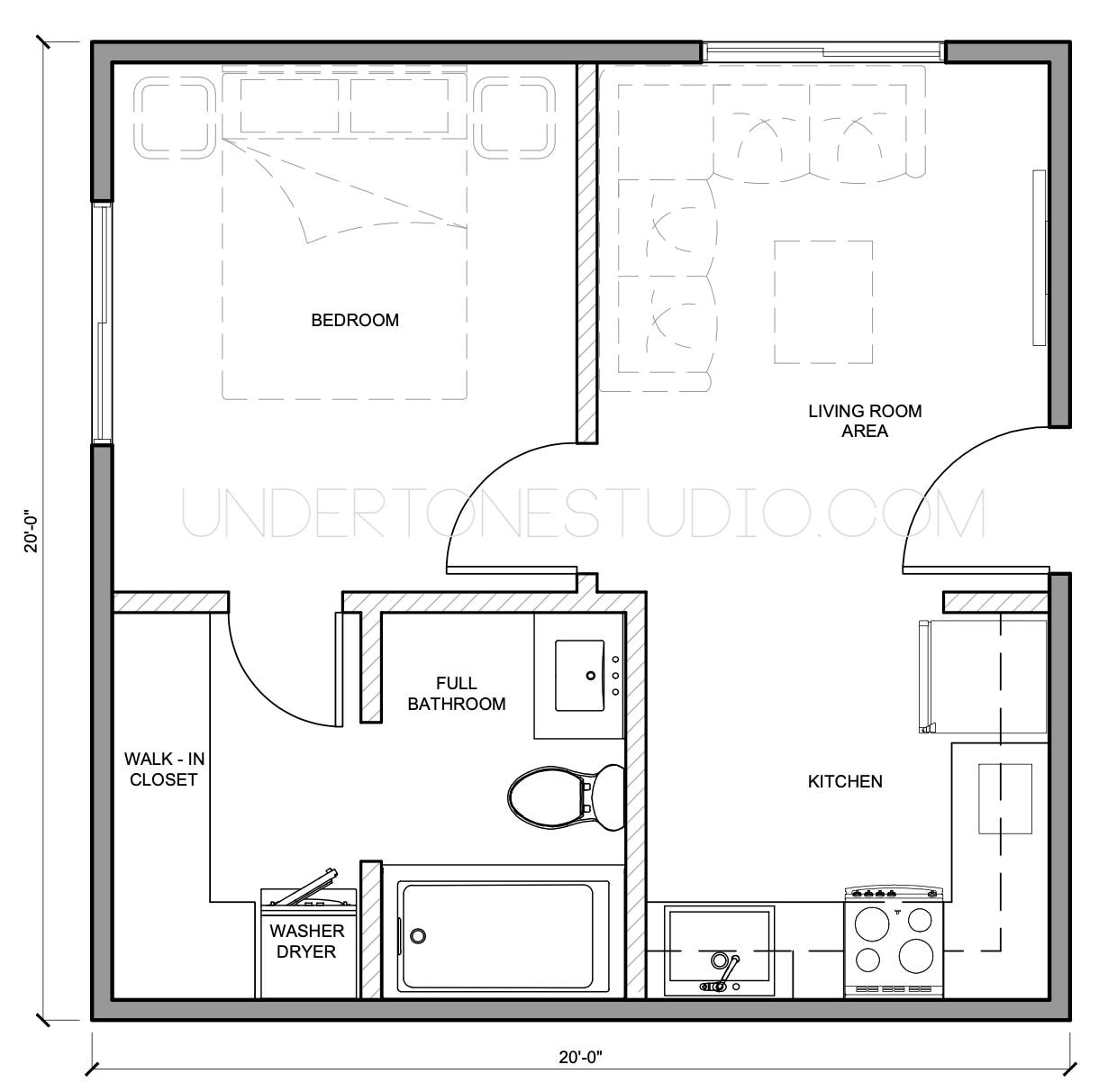 400 Sqft ADU Layout Model-03: 1 Bed 1 Bath Compact Home Design (PDF ...