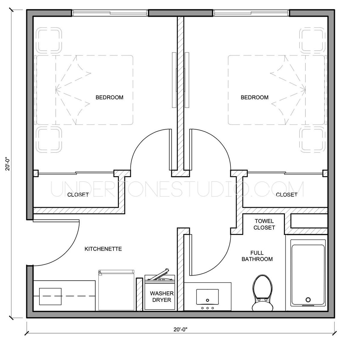 400 Sqft ADU Layout: Model-04, 2 Bed 1 Bath Compact Home Design (PDF ...