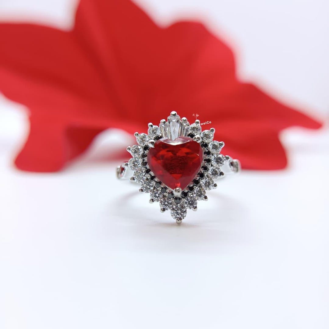 Red Garnet Heart Ring: Double Halo Sterling Silver Bridal Ring - Etsy
