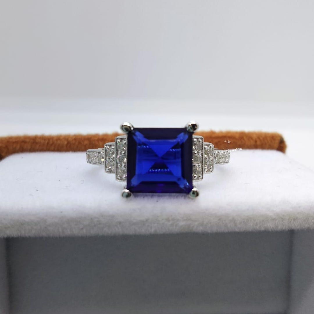 8.mm Blue Princess Cut, CZ Diamond Engagment Ring, Solitaire With Pave ...