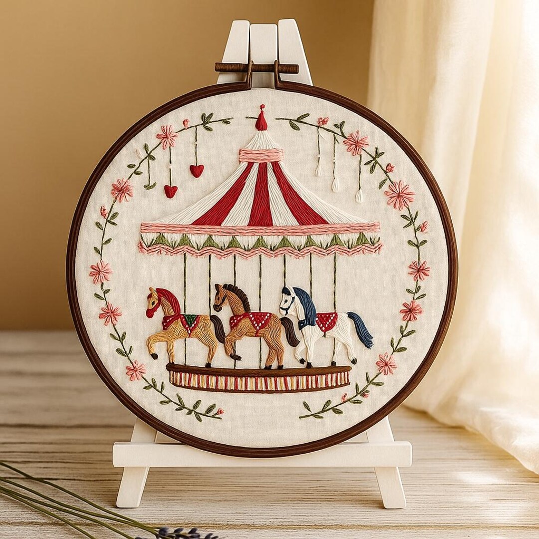 Carousel Embroidery Kit: Beginner DIY Needlework With Horses & Flowers ...